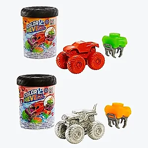 Hot Wheels Monster Trucks Color Reveal 2-Pack & Clip-On Water Tank, 2 Toy Trucks with Surprise Reveals (Styles May Vary)