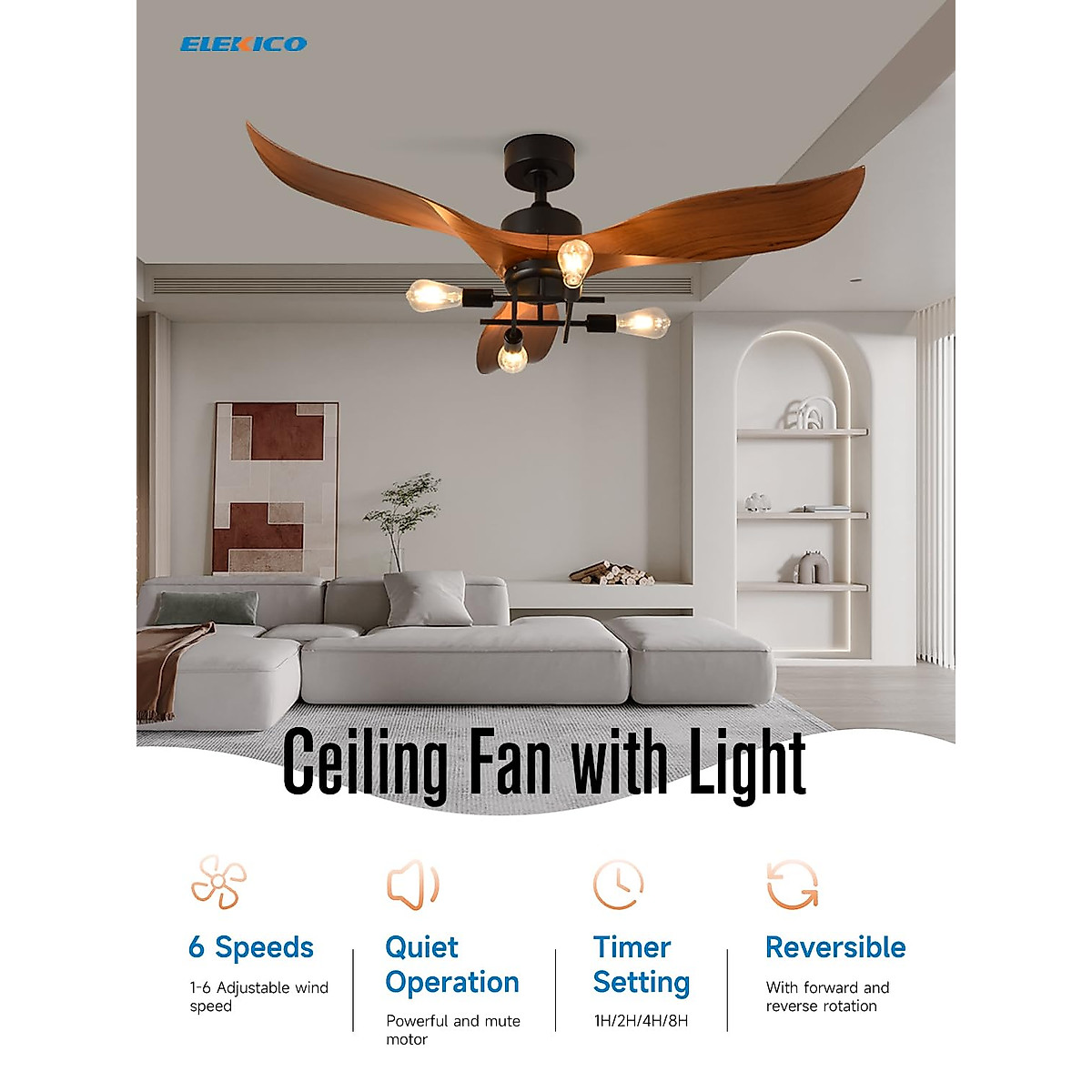 52'' Ceiling Fans with Lights, Upgrade Ceiling Fans with Lights and Remote E27*4 Led Bulbs, 3 Blade Add Wood Modern 52 Inch Bedroom Ceiling Fan with Light for Living Room Bedroom Kitchen Patio
