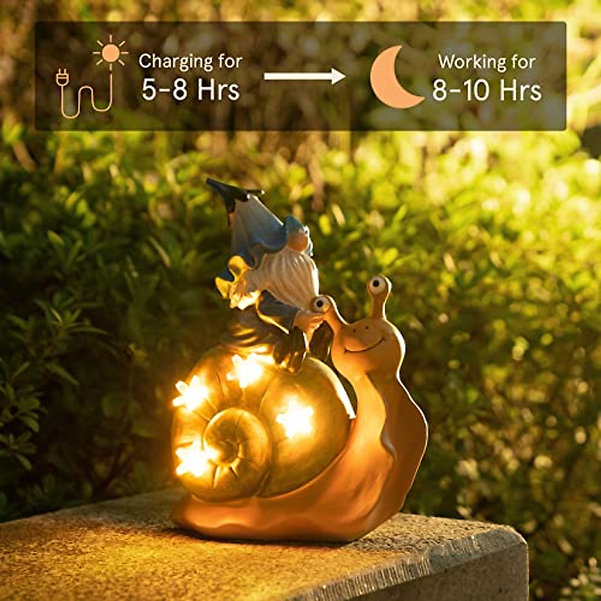 LA JOLIE MUSE Garden Gnomes Statue -9.2'' Resin Garden Snail with Gnome Figurine with Solar LED Lights, Outdoor Decoration for Patio Yard Lawn Porch, Ornament，Decor