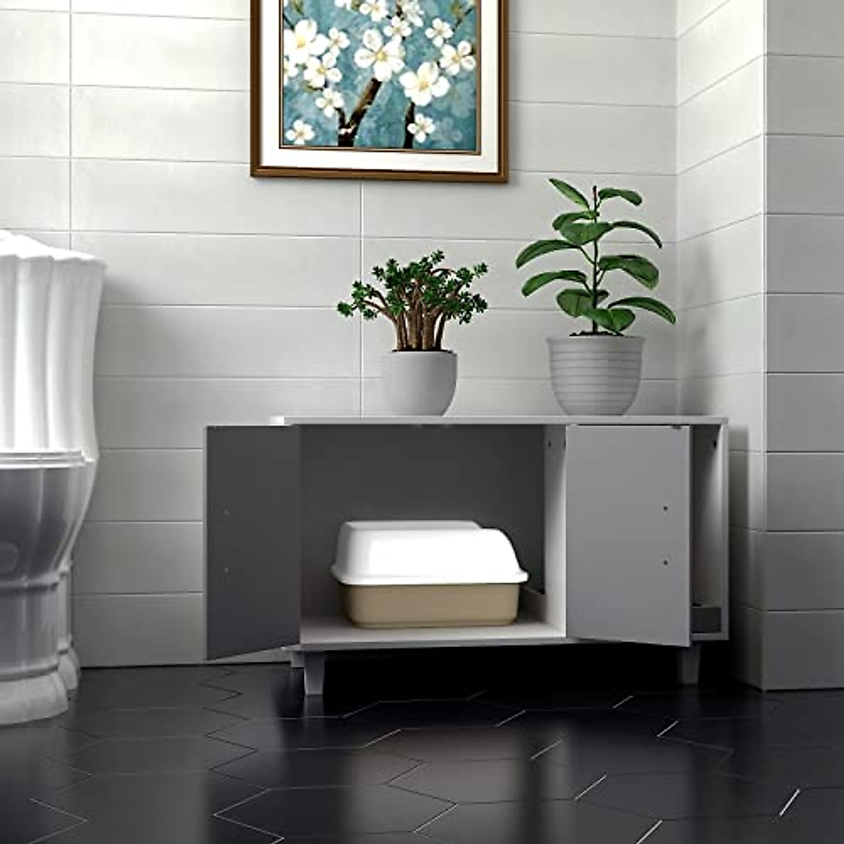 GDLF Modern Wood Pet Crate Cat Washroom Hidden Litter Box Enclosure Furniture House as Table Nightstand with Scratch Pad,Stackable (Gray & White)