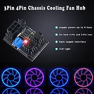 MEIRIYFA 3 Pin 4 Pin Fan Adapter PWM PC Chassis Cooling Fan Hub 8 Way Splitter DC12V Speed Controller with 6 Pin Power Port,Chassis Fan Pressure Regulating Governor