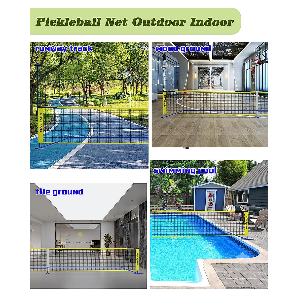 NQV Pickleball Set with Net, 4 Wood Paddles, 22FT Net, 4 Balls, 1 Bag, 2 Chalks, Yellow, Beginner