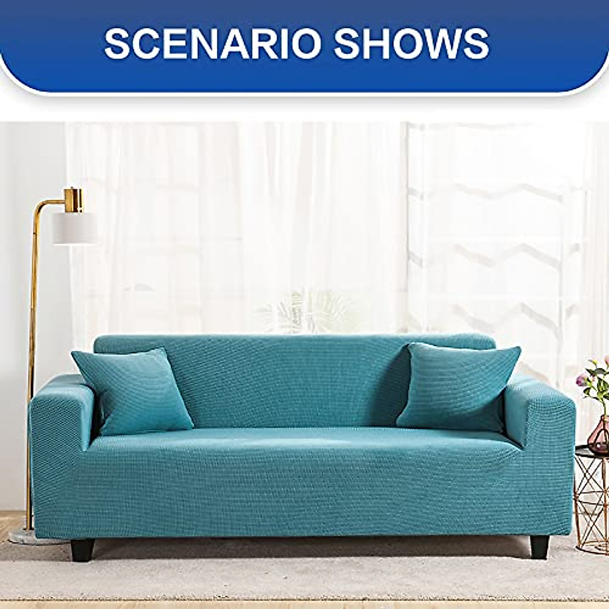 TVPFM Jacquard Furniture Protector, 2 Seater 3 Seater Elastic Bottom Sofa Cover Soft Stretch Sofa Slipcover for Living Room Pets Cat Dog-Blue B-4 Seater
