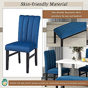 Goohome 6-Piece Kitchen Dining Set, Mid-Century Marble Veneer Table, 4 Flannelette Upholstered Chairs and Bench Family Furniture, for Home, Apartment, A-White+Blue