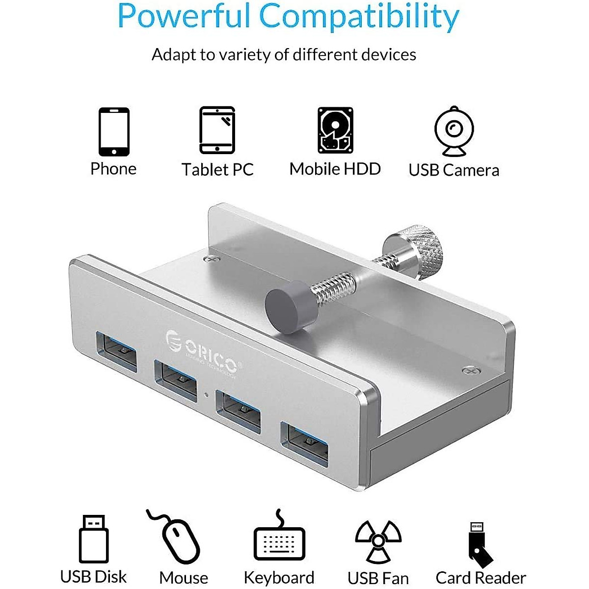 ORICO USB 3.0 Hub Clamp Adapter, Aluminum 4-Port USB Splitter with Extra Power Supply Port and 4.92 FT USB Data Cable, Ultra-Portable USB Expander for 2021 iMac/Laptop/PC