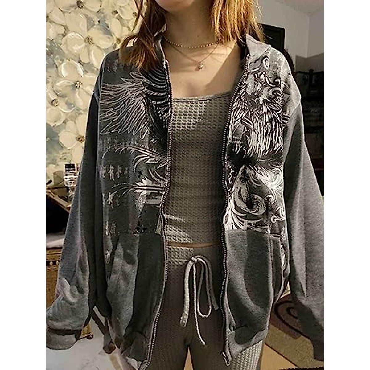 Winioder Women Y2K Zip Up Hoodie Vintage Graphic Oversized Hoodies Grunge Aesthetic Sweatshirt Jacket Skeleton Gothic Hoodie (B-Grey,X-Large)