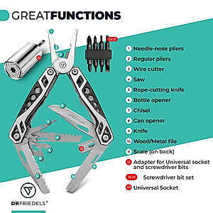 Multi Tool with Universal Socket - 22 in 1 Stainless Steel Multipurpose Tool with Saw, Pocket Knife, Wire Stripper & More - Small Tools for DIY Enthusiasts, Hobbyists, & Professionals by DrFriedels