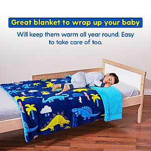Golden Linens Baby Infants Printed Sherpa Borrego Ultra Soft Warm Throw Blanket Bed Cover 40" X 50" Navy Blue Dinosaur