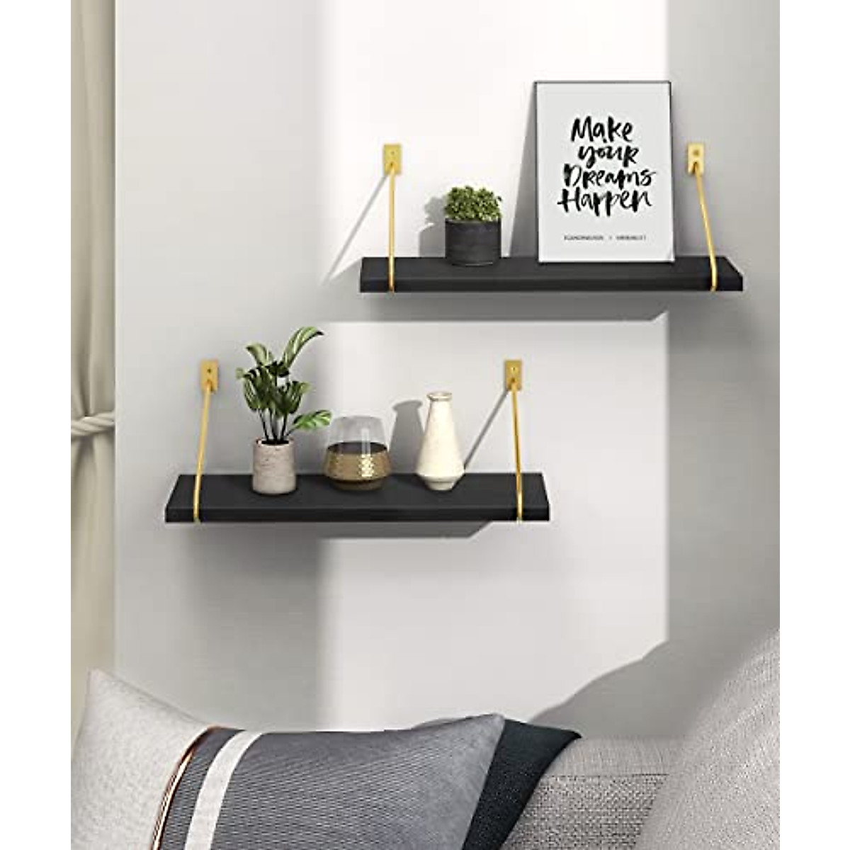 Gronda Black Floating Shelves Set of 2, Black Gold Wall Shelves Minimalist Modern Wall Decor Wooden Bookshelves Trophy Display Storage Plants Floating Shelves Wall Mount Living Room Bedroom Bathroom