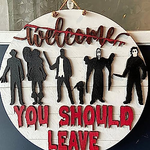 GUAGLL Horror Wooden Door Sign Welcome Sign, 12" Halloween Party Holiday Decoration Prop