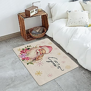 Christmas Santa Antifatigue Kitchen Bath Door Mat Cushioned Runner Rug,Washable Welcome Floor Sink Mat,Waterproof Non-Slip Comfort Standing Doormat,Blush Pink Gold Snowflakes Winter Red Flower 20"x39"