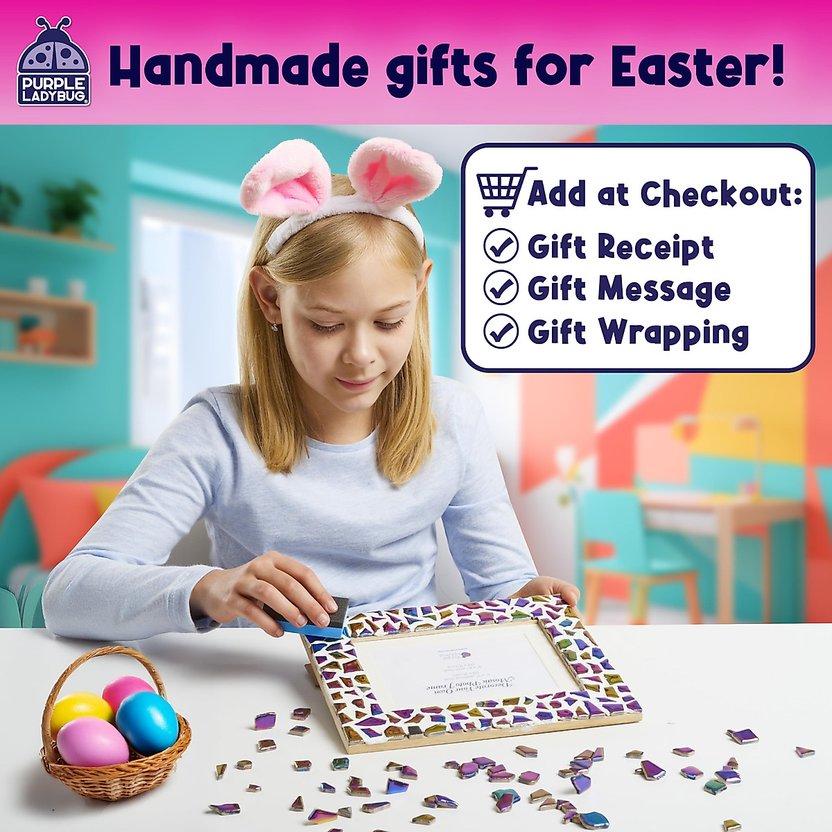 PURPLE LADYBUG Decorate Your Own Picture Frame Craft Kit – Easter Craft for Kids Ages 8-12, Birthday Gift & DIY Mosaic Frame Craft for Girls Ages 6-8, Fun Arts & Crafts for 7-Year-Old Girls
