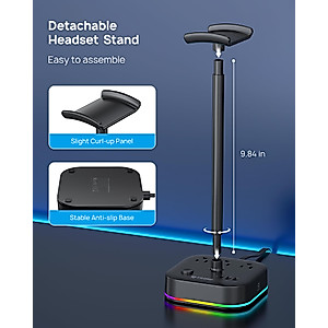 TROND Headphone Stand with USB C, Desk Gaming Headset Holder with 3 AC Outlets, 2 USB A and 1 USB C, Headset Stand with 5 RGB Light Modes, for Gaming Desk Accessories Gamer Boyfriend Gifts