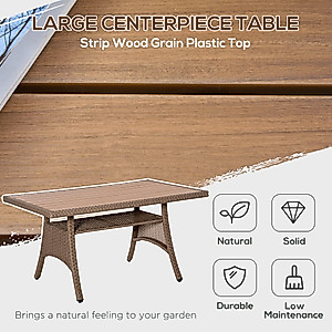 Outsunny Patio Furniture Set, 6 Piece PE Wicker Outdoor Furniture, Conversation Set with Ottomans, Table & Chairs, All Weather Sectional Sofa Couch, Blue Pillows, Khaki