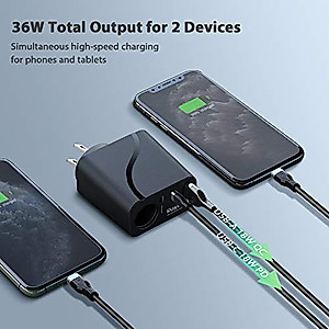 RoyPow 36W USB C Charger with Car Cigarette Lighter Socket, 3-Ports Wall Charger 18W PD3.0 Travel Plug 110V/120V to 12V/3A AC to DC Converter Power Adapter for iPhone, Galaxy, Pixel, iPad