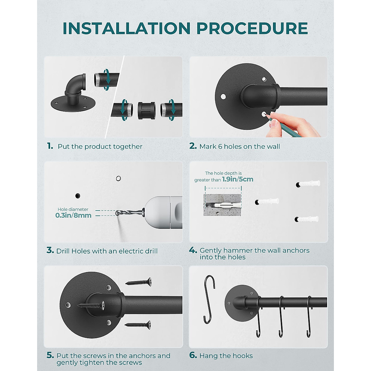 OROPY 39 inch Pot Bar Rack Wall Mounted Detachable Pans Hanging Rail Kitchen Lids Utensils Hanger with 14 S Hooks Black