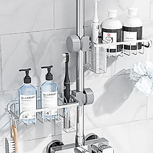 TOOLF Sponge Holder Kitchen Sink Caddy, Aluminum Over Faucet Rack with Brush Holder and 2 Hooks, Hanging Sink Organizer for Scrubbers, Dishwand, Dish Cloth, Soap, Sink Stopper on Kitchen, Bathroom