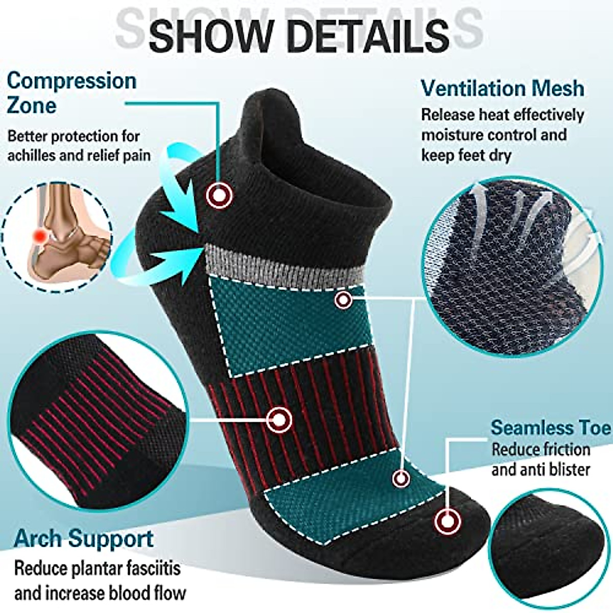 Merino Wool Ankle Hiking Socks Compression Warm Thermal Winter Thick Cushion Running Moisture Wicking No Show Socks Gifts Stocking Stuffers for Women Men 6 Pairs(Black,L)