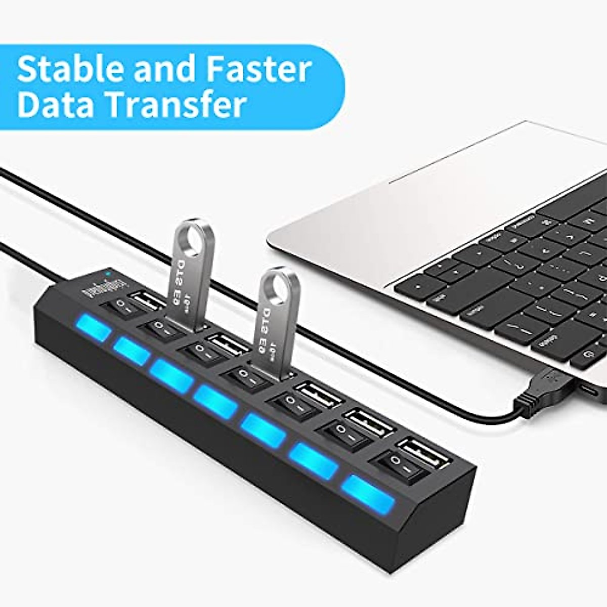 Multi Port USB Splitter, 7 in 1 USB Port 2.0 Hub with High Speed Individual ON/Off Switches and LEDs USB Port Expander (7-Port USB)