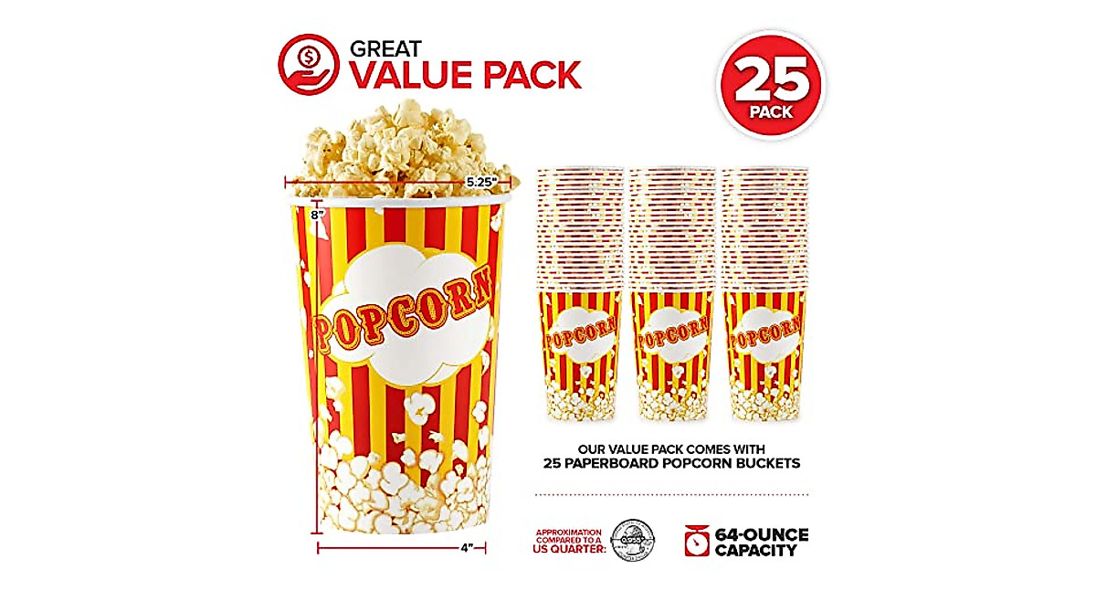 64 Oz Disposable Popcorn Buckets for Movie Nights