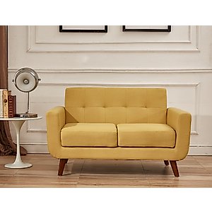 Container Furniture Direct Jenny Linen Uphostered Mid-Century Modern Button Tufted Living Room Loveseat, Mustard Yellow