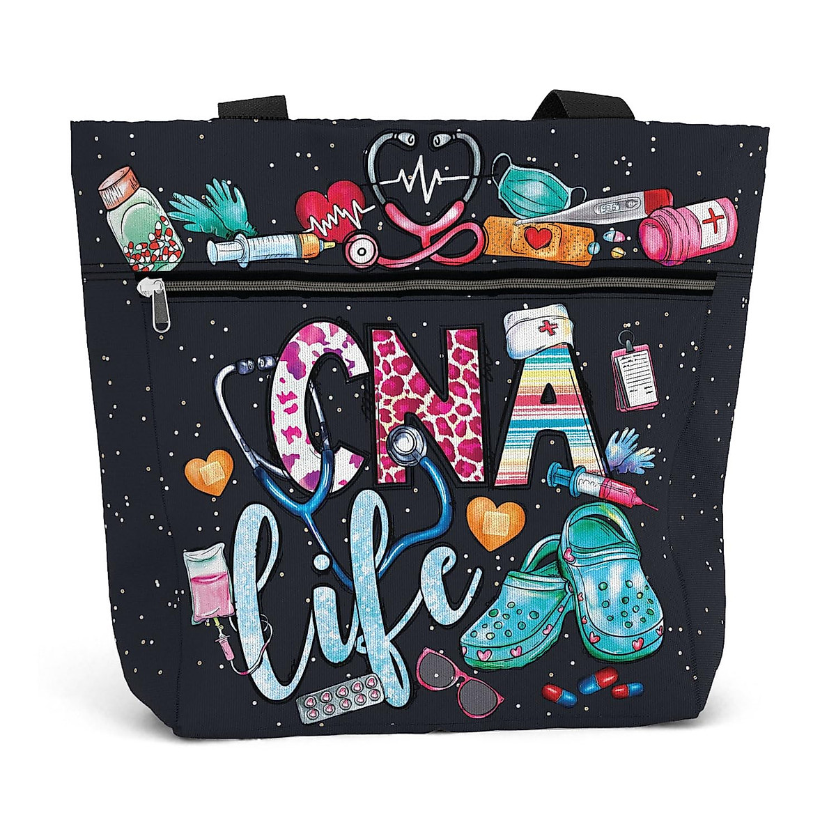 84hoods 15 inch Large Tote Bag for Work for Women. Shoulder Bag Gift for CNA Nurse. Waterproof Cute Graphic Aesthetic Bag with Pockets and Zipper Galaxy Pattern.