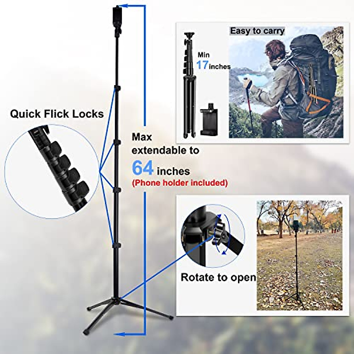 Phone Tripod Stand Selfie Stick 64 Inch Aluminum Alloy with Wireless Remote Video Record/Photography/Live Streaming Compatible with iPhone 14 13 12 11 pro Xs Max Xr X 8 7 6 Plus, Android Samsung
