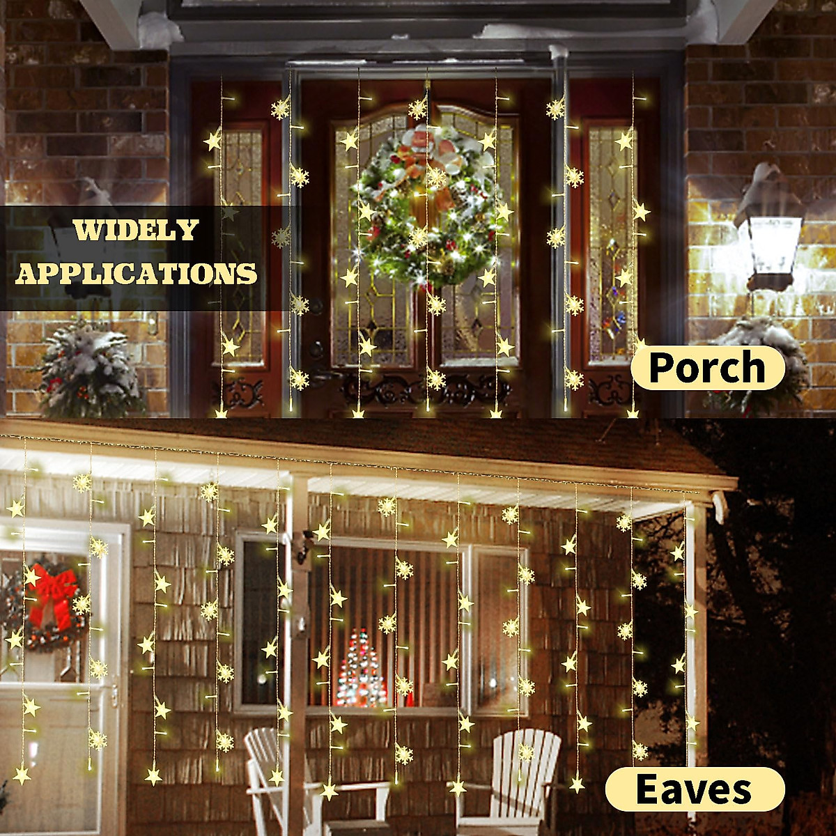 Newhale 8 Modes Christmas Curtain String Lights with Snowflake and Star, USB Plug in Wall Lights Christmas Decorations for Indoor or Outdoor, Christmas Window Lights Decor, Warm White