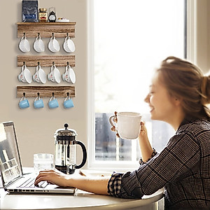 TRSPCWR Coffee Mug Rack with Storage Shelf, Rustic Wood Coffee Mug Holder Wall Mounted with 16 Hooks, Coffee Cup Holder for Mugs Tea Cups Display and Organizer, Set of 4