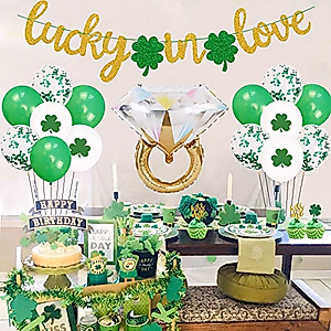 St. Patrick's Day Lucky in Love Decorations Set - Lucky in Love Banner, Love Shamrock Cake Toppers and Balloons, Diamond Ring Foil Balloon for Irish Theme Bridal Shower, Bachelorette, Wedding Party