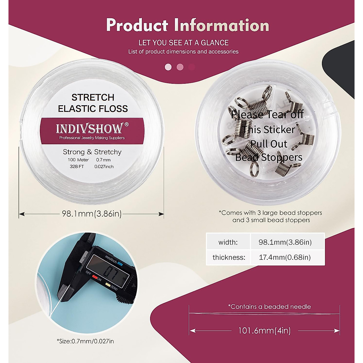 INDIVSHOW Elastic Bracelet String Cord Stretch Bead Cord with 6pcs Bead Stoppers and 1pc Big Eye Beading Needle for Jewelry Making and Bracelet Making White