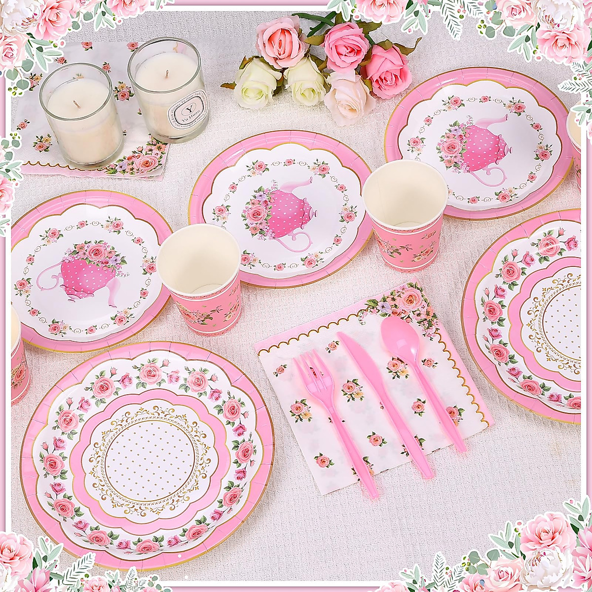 400 Pcs Tea Party Plates and Cups and Napkins Sets Flower Plates and Napkins Party Supplies Tea Party Decorations Disposable Dinnerware Set for Birthday, Baby Shower, Wedding, Bridal Shower