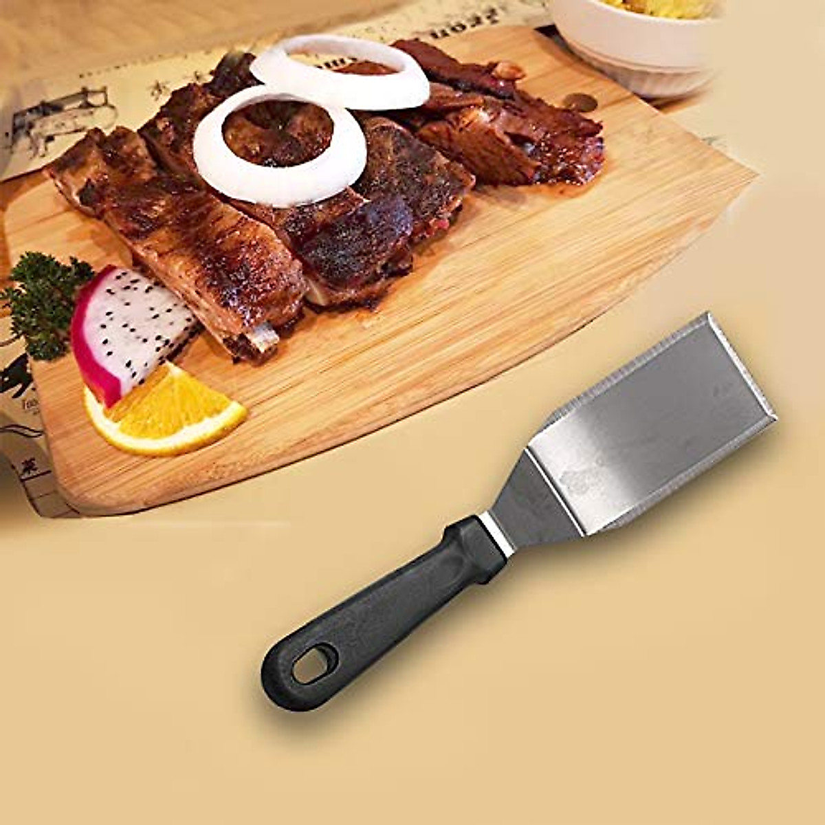 KUFUNG Grill Turner, Stainless Steel Metal Griddle Spatula, Steak Pizza Shovel Teppanyaki Shovel with Beveled Edges great for BBQ Grill Flat Top (2.8x4.9 inch, Black)