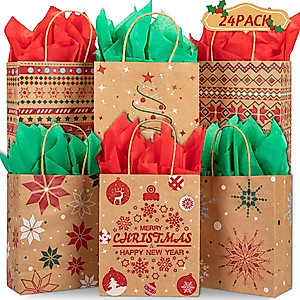24 Christmas Kraft Gift bags 7.25 x 9 x 3.5 with 24 Tissue Papers for Xmas Exchange, Party Favors Paper Goodie Bags