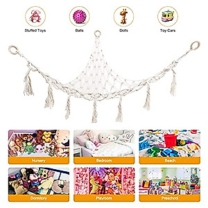 Stuffed Animal Hammock, 55inch Hand-Woven Toy Hammock Boho Tassel Macrame with Star Light String Corner Hanging Organizer Storage Plush Toys Net Holder for Nursery Play Room Kids Bedroom Decoration