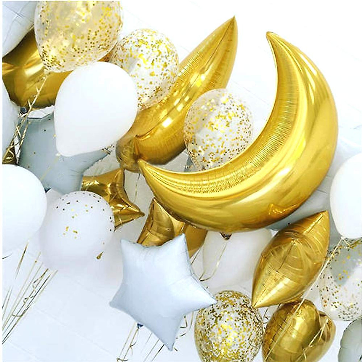 Weoxpr 4 Pcs 36 Inch Large Moon Foil Balloons and 20 Pcs 10 Inch Gold Foil Star Balloons Mylar Balloon Helium Metallic Balloons for Party Wedding Baby Shower Decoration