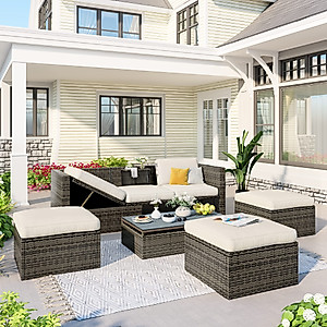 LUMISOL 5 Piece Patio Furniture Set, Outdoor Wicker Sofa Set with Adjustable Backrest, Cushions, Ottomans and Lift Top Coffee Table for Garden, Poolside, Backyard, Balcony, Beige