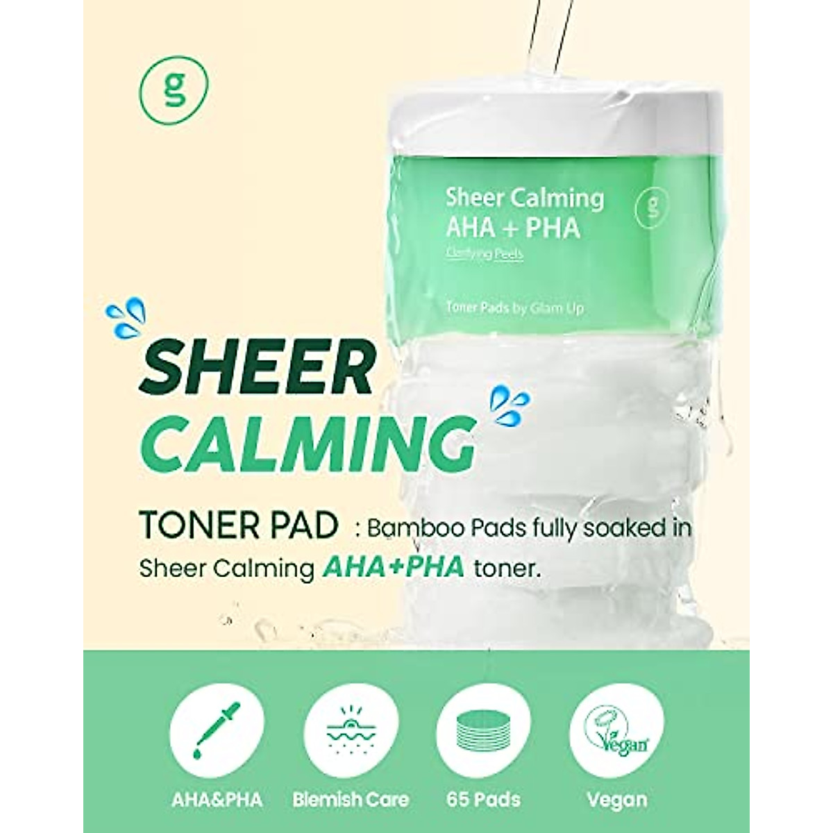 Glam Up AHA+PHA Exfoliating Facial Toner Pads for Sensitive Skin | Sheer Calming Vegan Korean Skincare Toner Pads for Acne Prone Skin and Pore Cleansing (65 Pads)