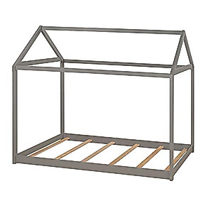 LIADTOP Twin Size Wooden House Bed,Wooden Twin Platform Bed Frame with Headboard and Footboard, Roof Design, for Toddlers Kids Boys Girls Teens,No Box Spring Needed,Grey(New)