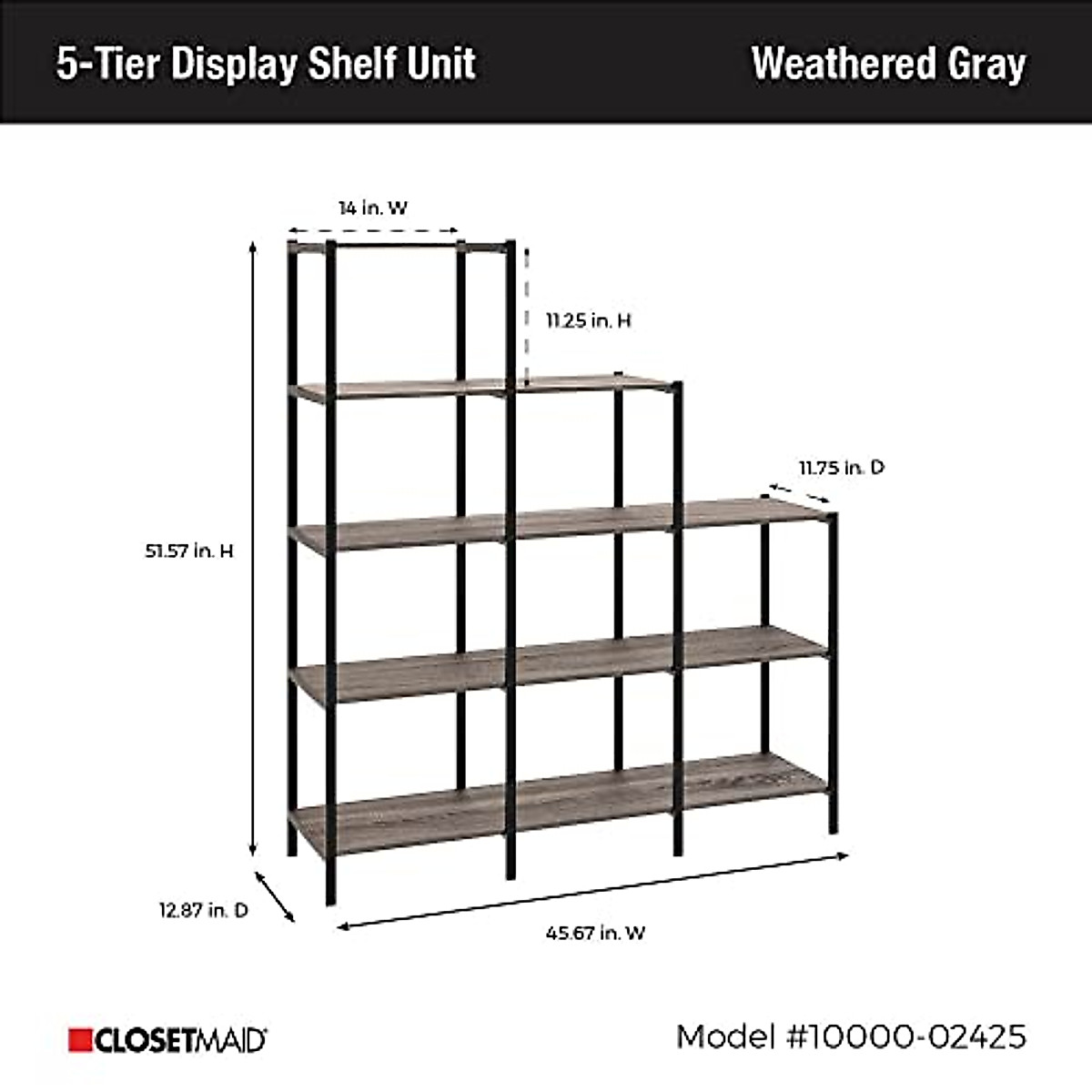 ClosetMaid Ladder Step Bookcase, 5 Tier, 7 Shelves, Display Shelf for Living Room or Office, Industrial Black Metal and Wood, Weathered Gray