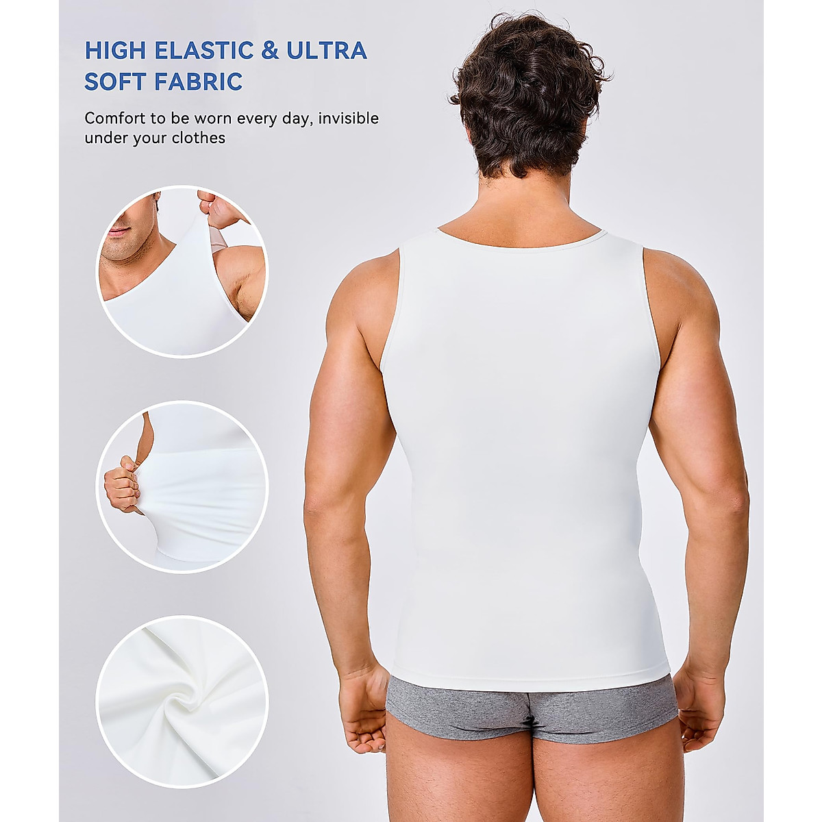 Mens Compression Shirt Workout Tank Tops Slimming Body Shaper Vest Abs Abdomen Undershirts (White, Small)