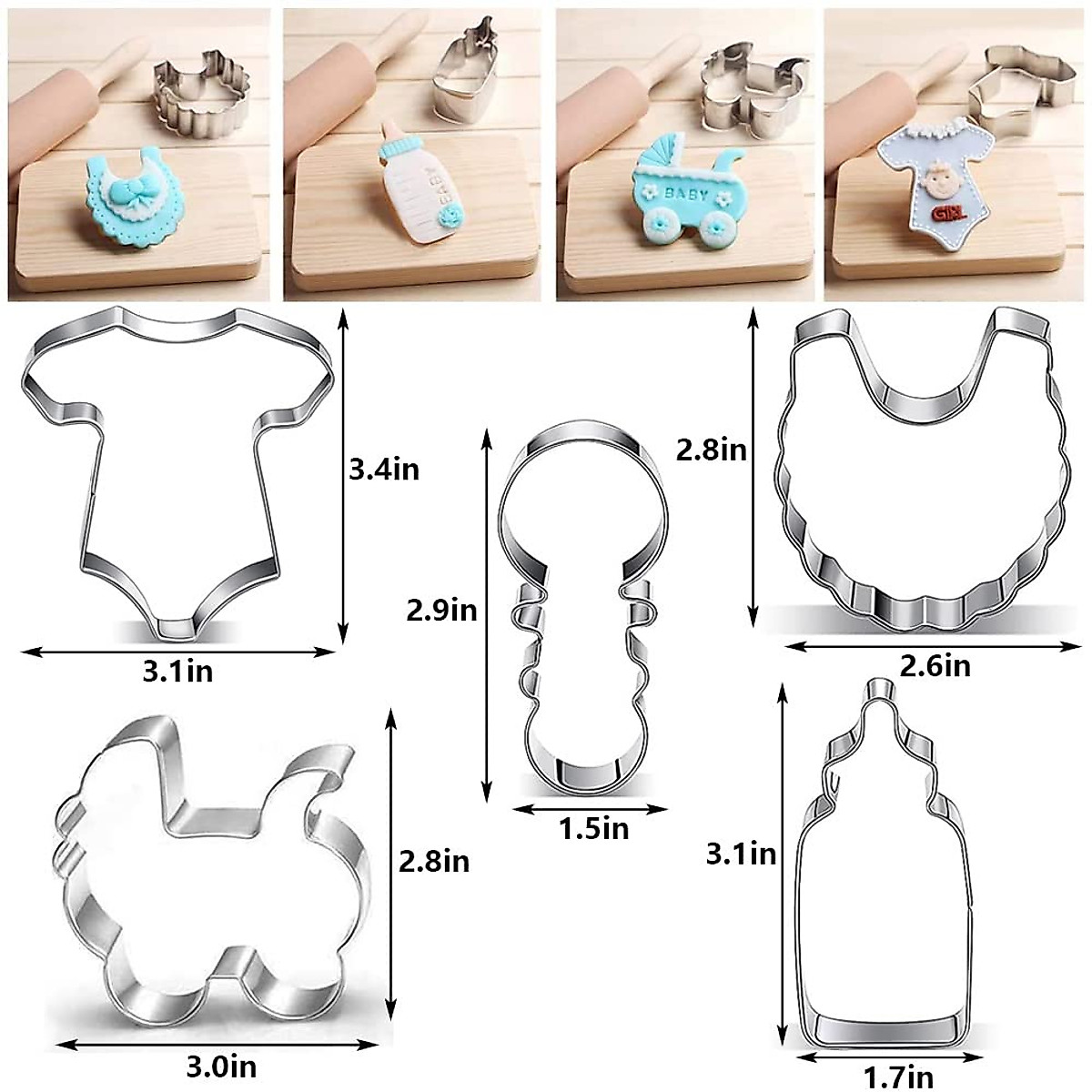 KANNTIE 5-Piece Baby Shower Cookie Cutter Set, Bib, Bottle, Rattle, Onesie and Baby Carriage