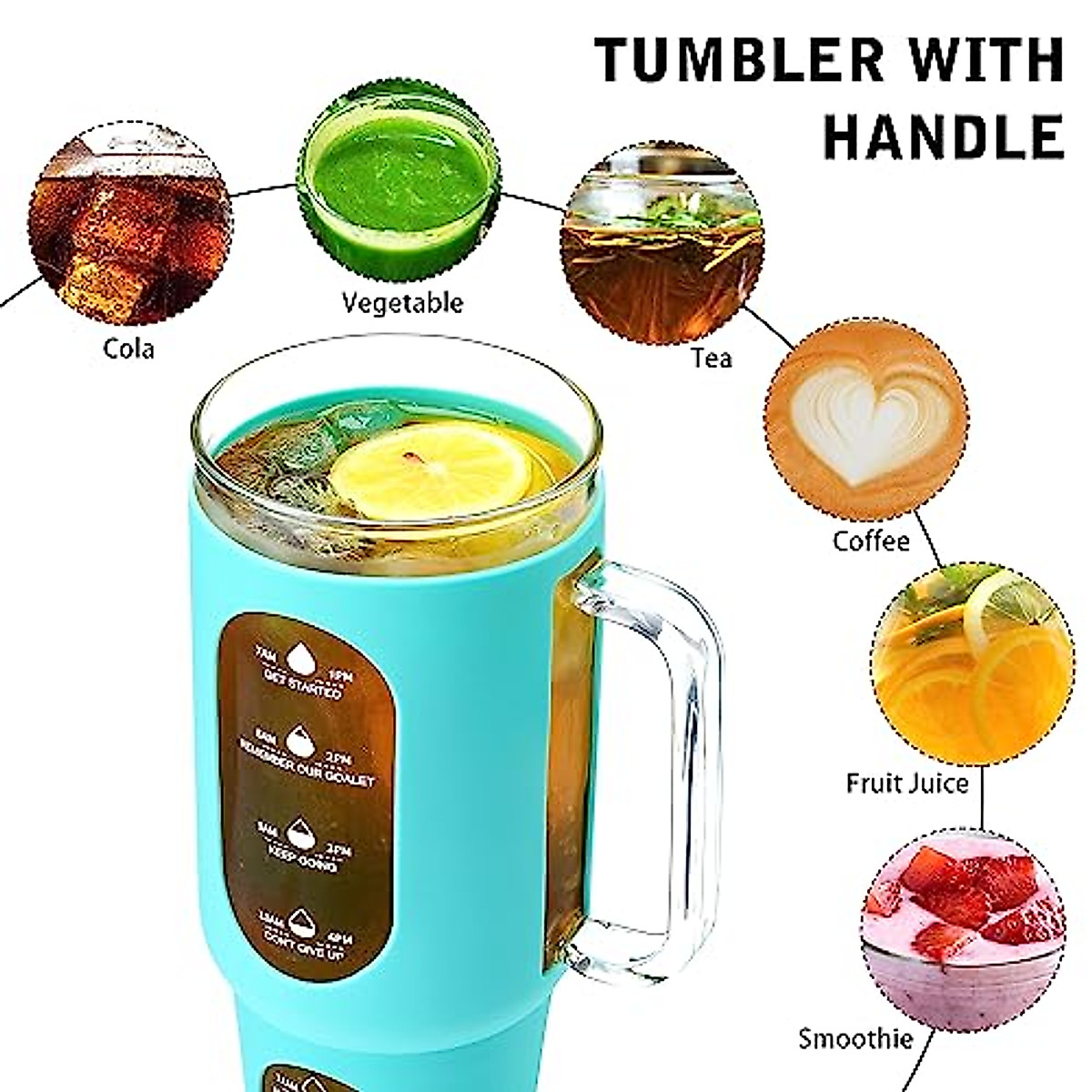 Zibtes 40 oz Glass Tumbler with Lid and Straws, Motivational Water Bottle with Time Marker and Silicone Protective Cover, Iced Coffee Cup with Handle,(Teal)