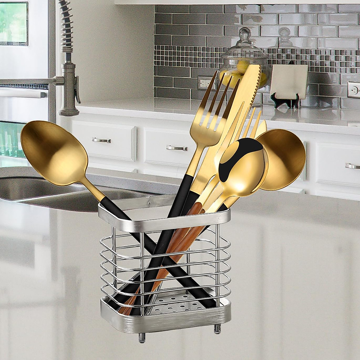 KEINEUX Utensil Holder Kitchen Countertop Organizer, Cutlery Drainer Sink Caddy Storage Drying Rack for Silverware Flatware and Cookware, Stainless Steel, Silver-4"