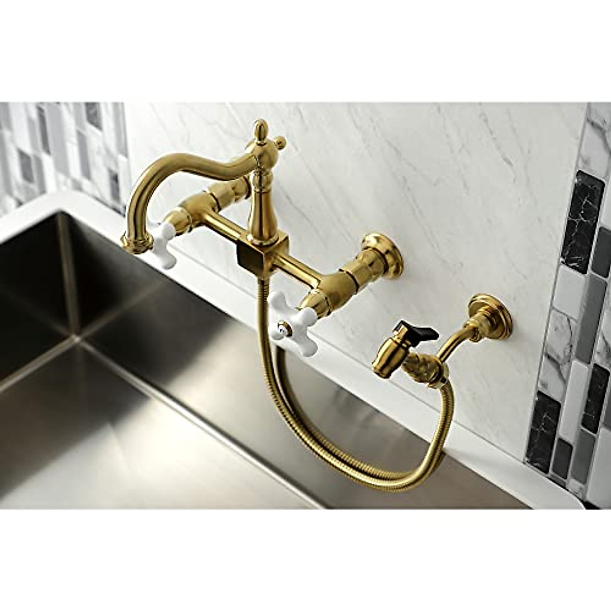 Kingston Brass KS1267PXBS Heritage 8-Inch Centerset Wall Mount Kitchen Faucet with Brass Sprayer, Brushed Brass