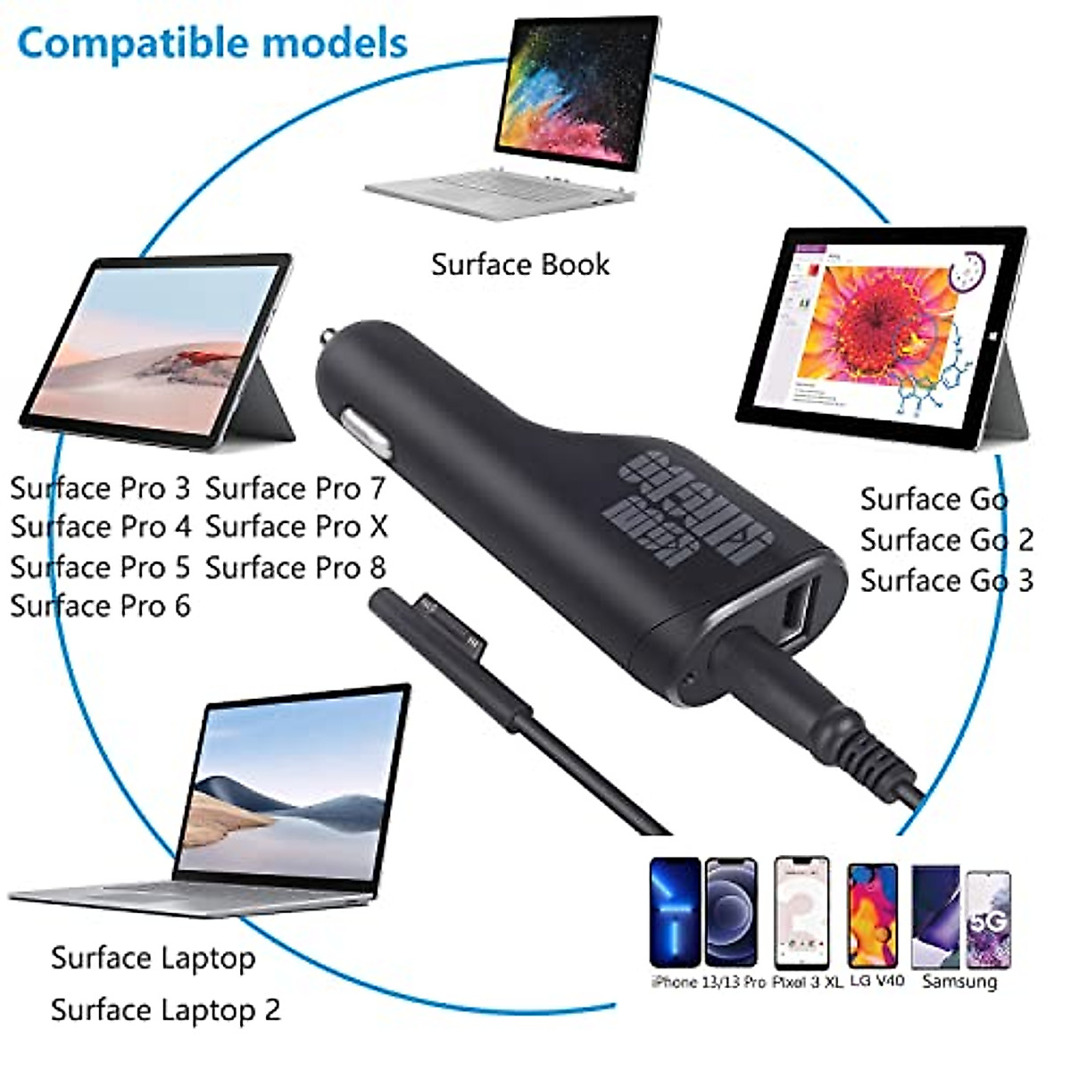 Surface Pro Car Charger Surface Laptop Car Charger, 36W 12V 2.58A Power Supply for Microsoft Surface Pro 3/4/5/6/Book/Go, Surface Laptop car Charger with USB 2.0 Port (5Ft Cord) Include Travel Case