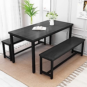 Recaceik Dining Table Set, Rectangular Dining Table and Chairs for 4, Modern Wood Bench Dining Room Table Set Kitchen Table Set with Two Benches & Metal Frame for Kitchen, Restaurant (Black)