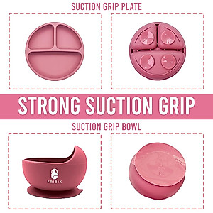 Fribix 9 PCs Silicone Baby Feeding Set, Baby Lead Weaning Supplies with Suction Bowl Plate, Toddler Self Feeding Essentials with Spoons Forks Cup Adjustable Silicon Bib for 6 months