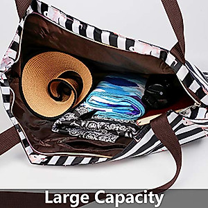Women Beach Tote Utility Bag with Zipper, Black Stripe Foldable Cute Large Swim pool Waterproof Bag for Travel, Gym, yoga, Mom in Law Female Friend Sister Wife Girlfriend Good Gift