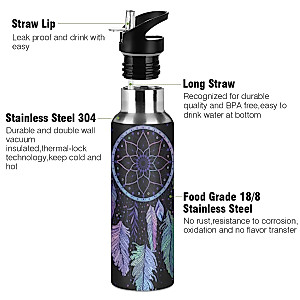 Yasala Water Bottle Dream Catcher Purple Feather Coffee Thermos Stainless Steel Insulated Beverage Container 20 oz with Straw Lid BPA-Free for Sport, Travel, Camping, Back to School